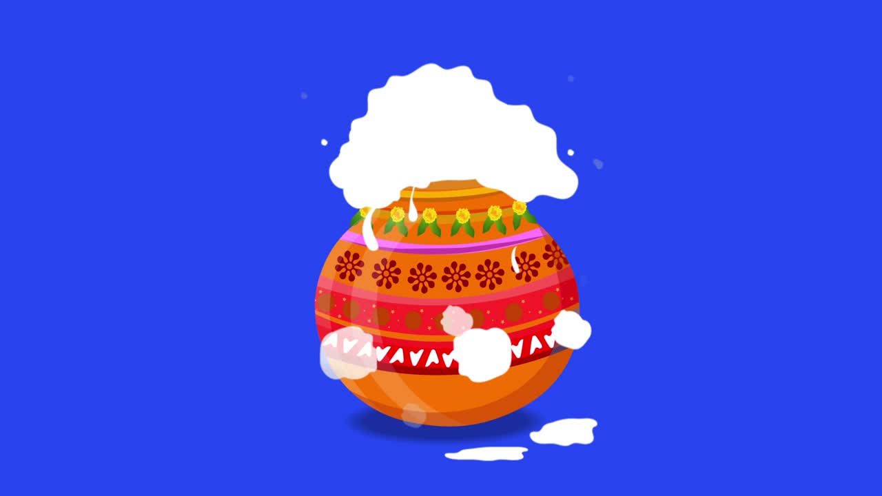 Pongal overflows in a Pongal pot on a blue screen background in an ...