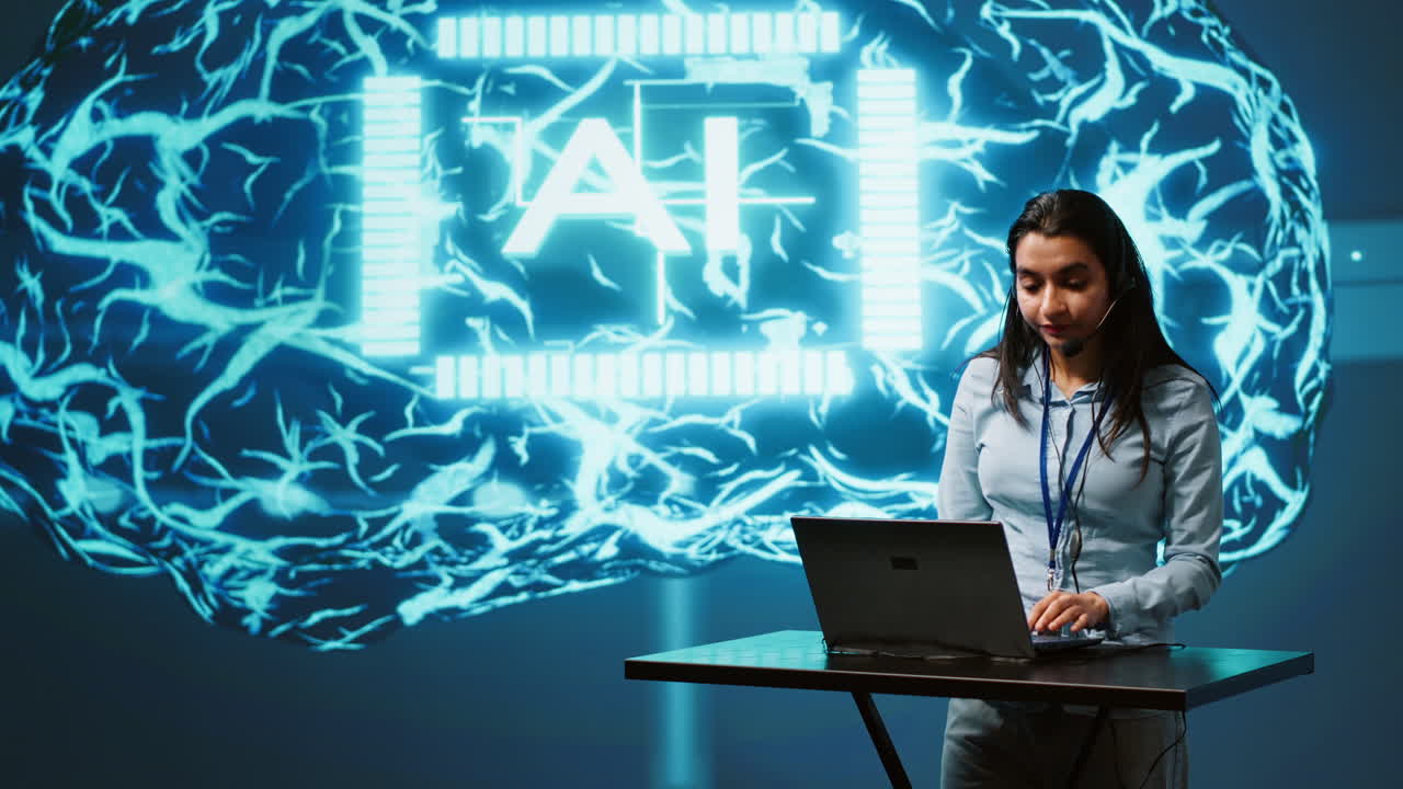 Technician in AI high tech workspace managing call center tasks ...