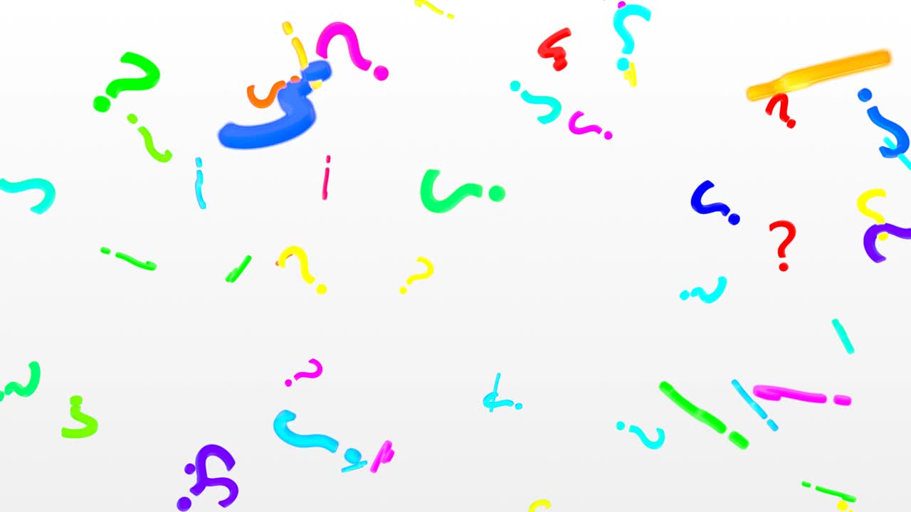 3D Question Marks Falling in Slow Motion Rainbow Colors on White ...