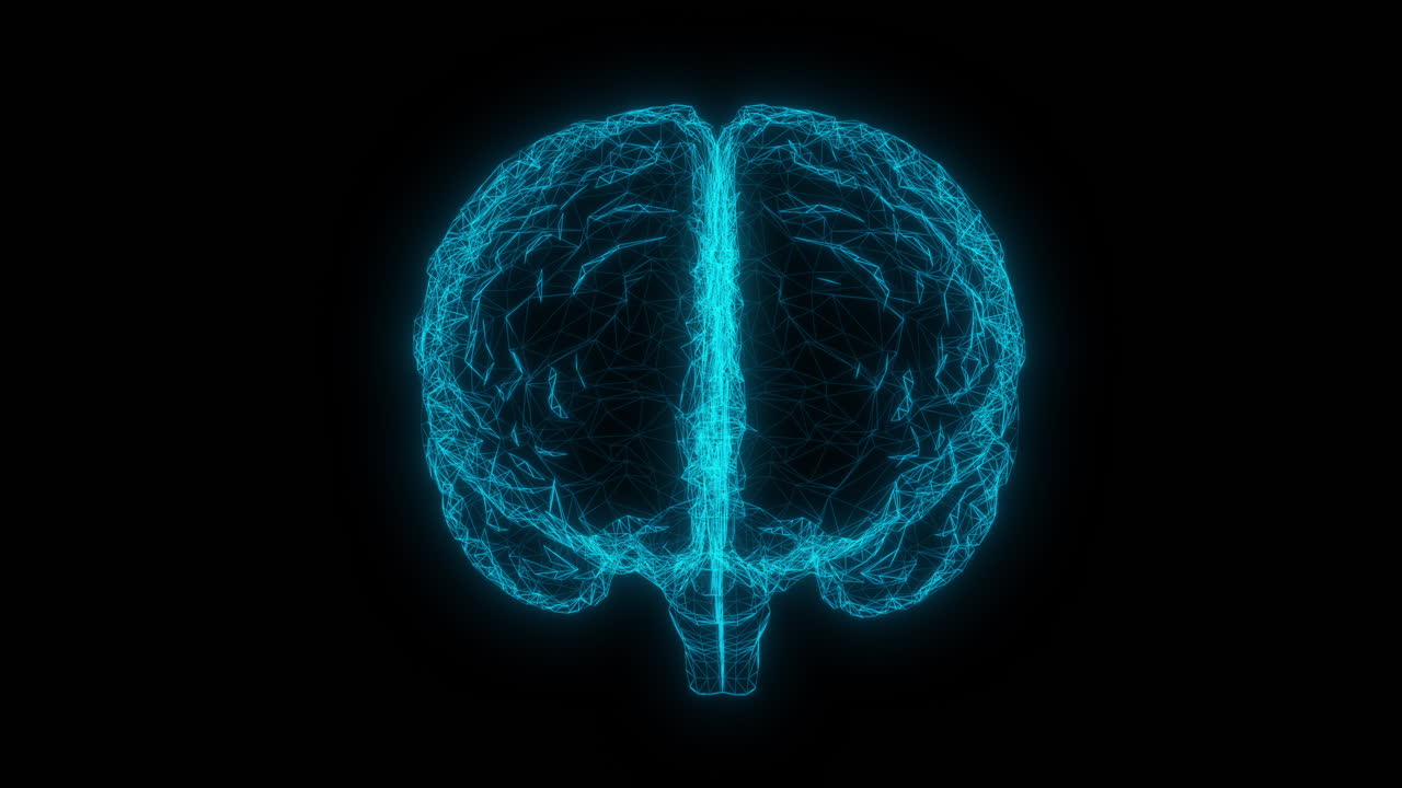 Blue Holographic Transparent 3-D Brain Forming on Black Background ...