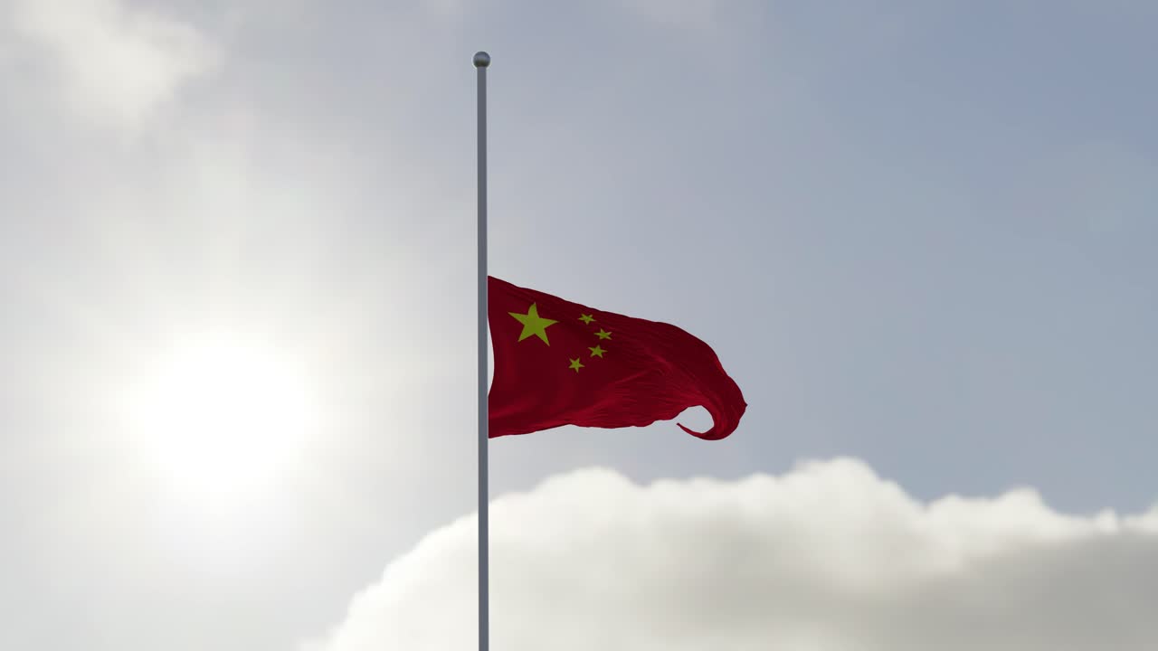 Flag of china half mast in the wind Premium Stock Video Footage