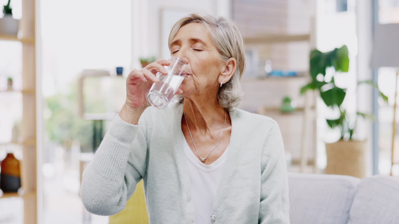 Premium stock video - Wellness, home or healthy old woman drinking water