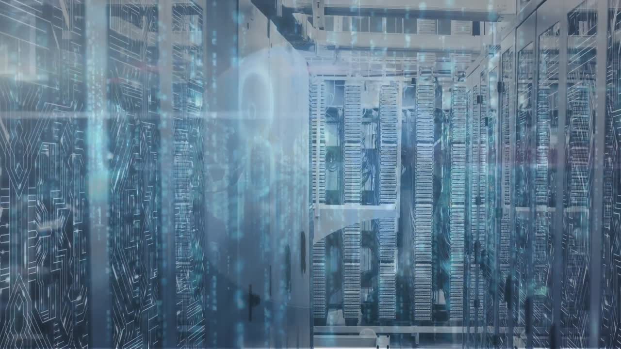 Animation of globe and binary code over servers | Premium Stock Video Footage