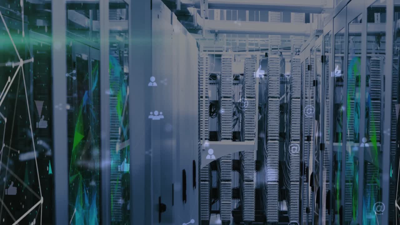 Premium stock video - Animation of profile icons and plexus networks against computer server room