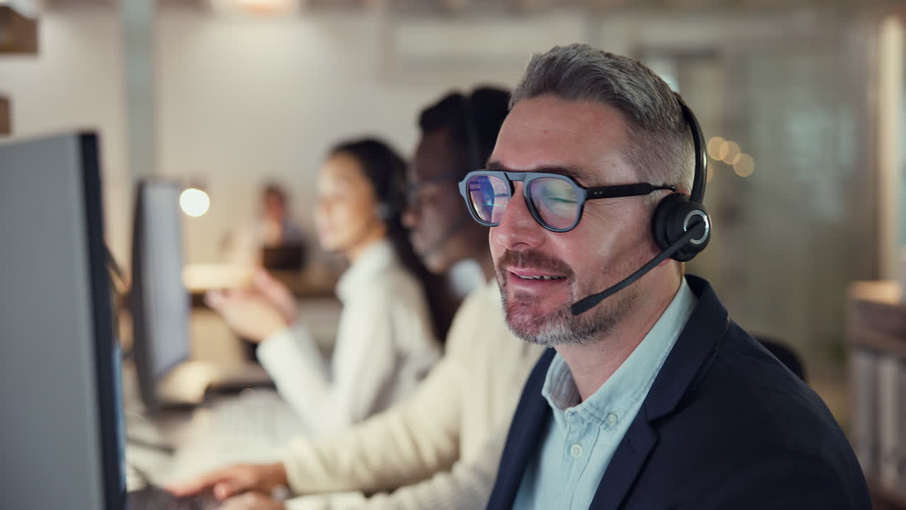 Premium stock video - Call center, mature man and night in office