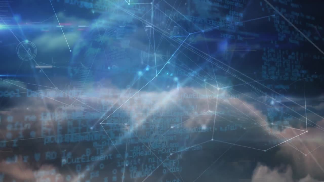 Animation Of Programming Language, Glitch Technique And Dots Connected With Lines Over Skyscape ...