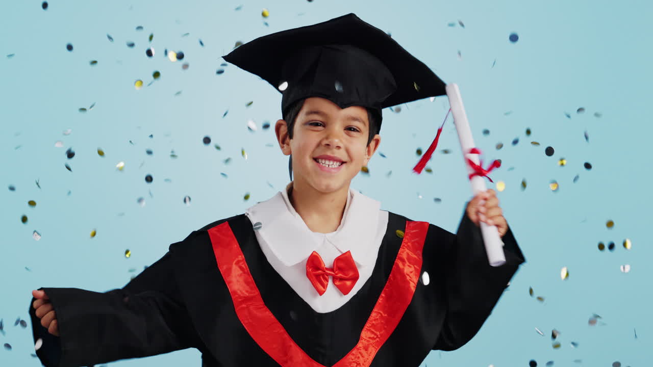 Premium stock video - Graduate, child and celebration with confetti