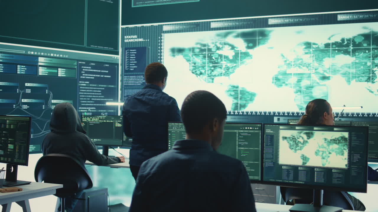 Governmental hackers exploiting network systems in high tech office Premium Stock Video Footage