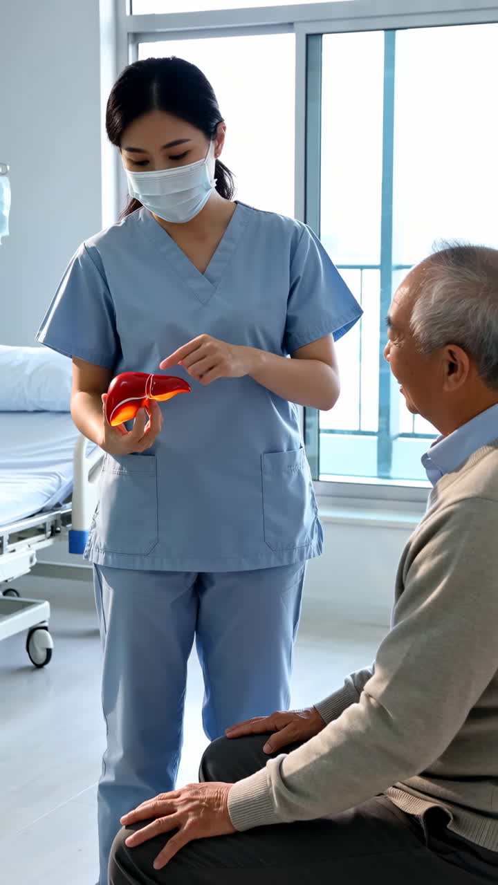 Healthcare professional explains liver anatomy to an elderly patient ...