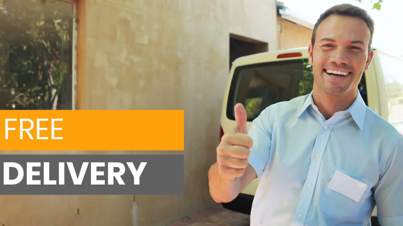 Animation of the words Free Delivery over happy man with clipboard ...