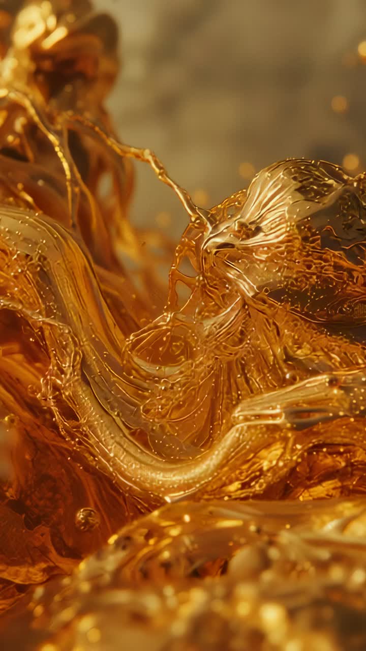 Vertical video: Stretching gold fluid forming threads and pinching ...