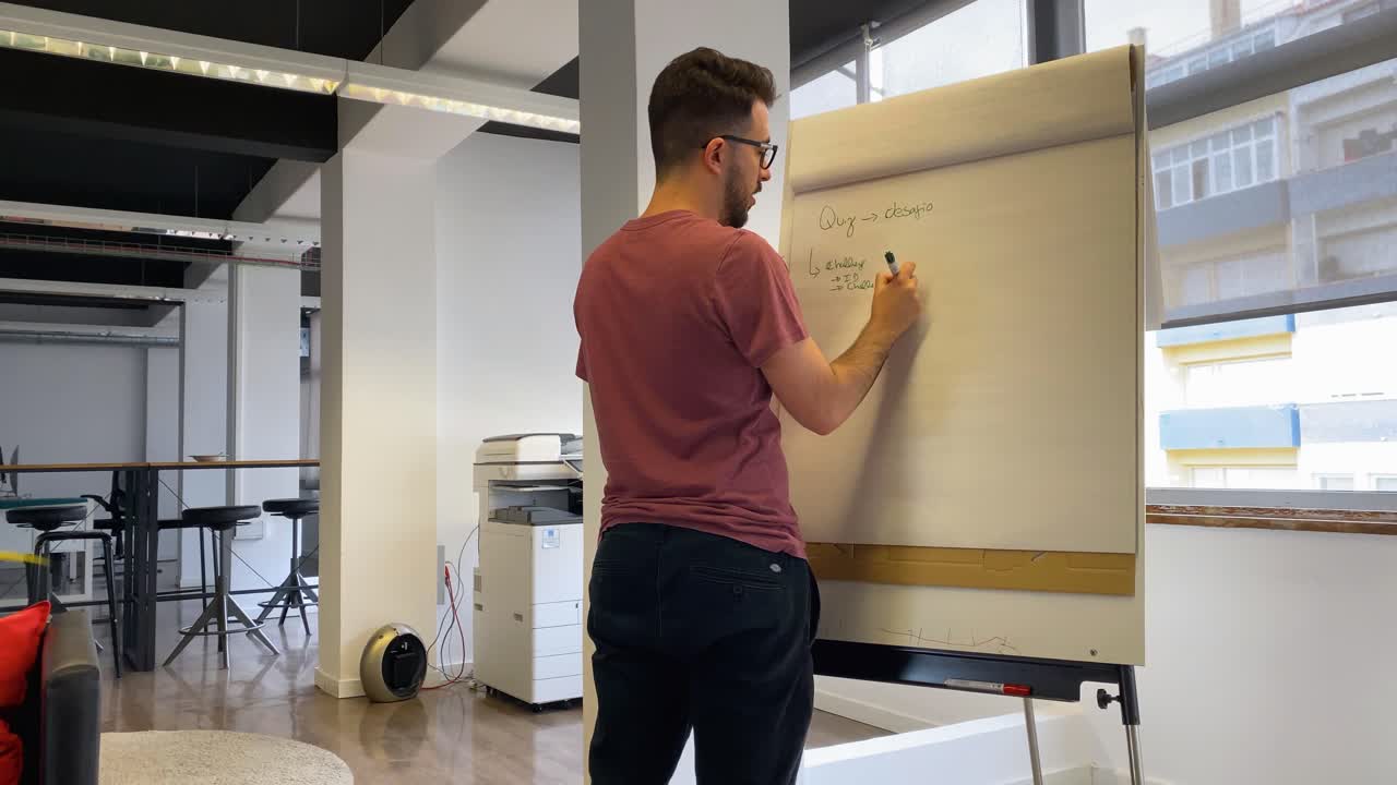 A Creative Engineer Is Standing In An Office And Using A Whiteboard To ...