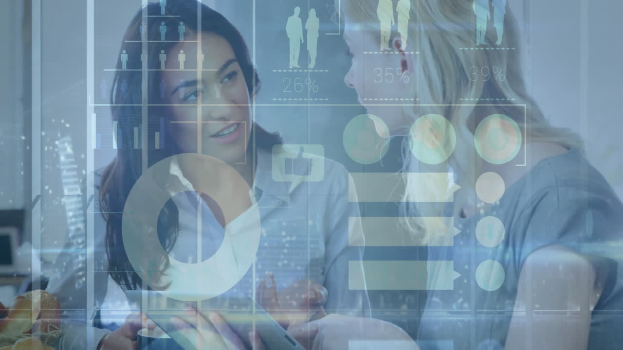 Business data analytics animation over two women discussing in office ...