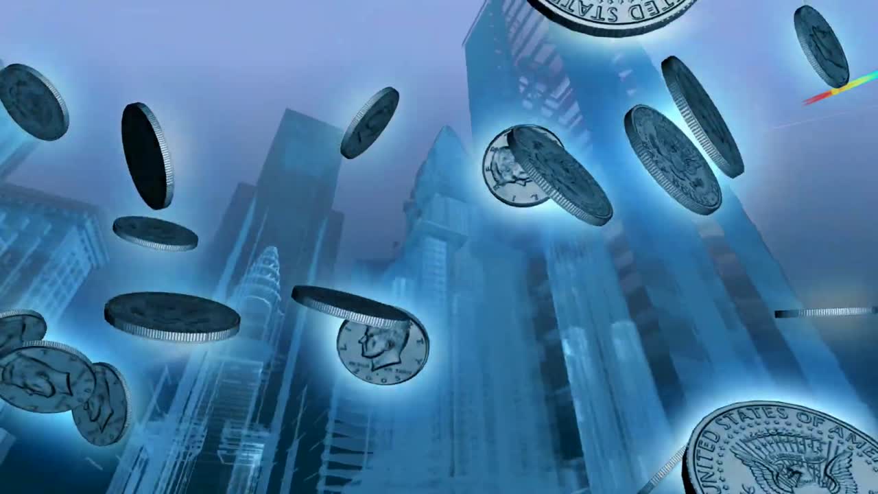 Silver Coins Falling From The Sky With Tall Buildings On A Blue ...