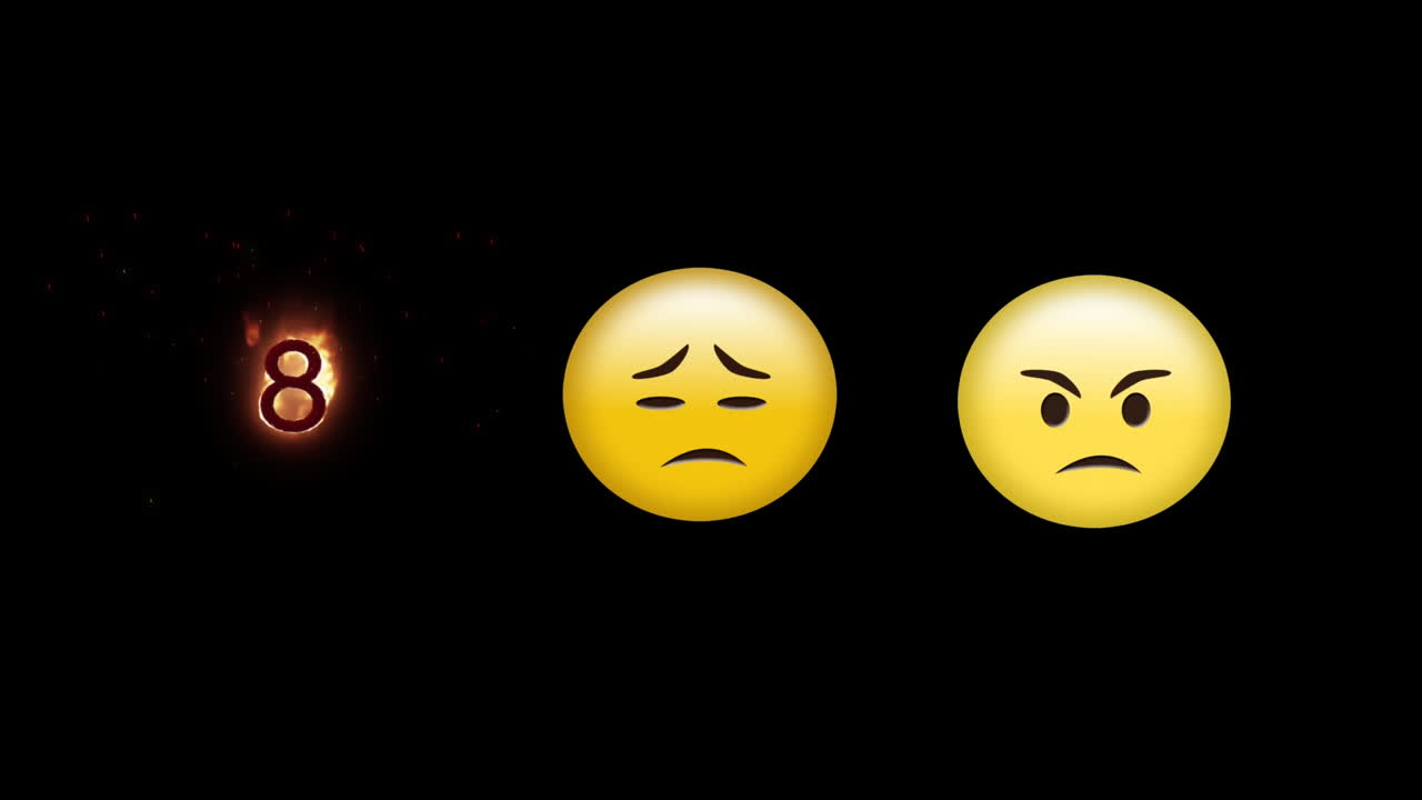 Digital animation of sad, angry face emoji and number eight on fire ...