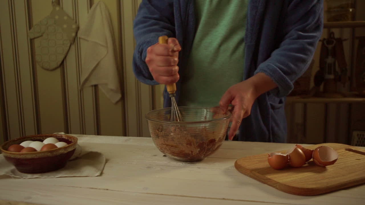 Man Whisking Baking Ingredients Into Glass Bowl At Kitchen. Homemade ...
