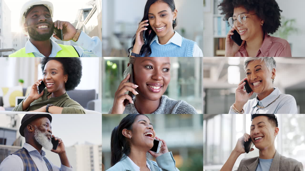 Collage, people and phone call for talk Premium Stock Video Footage