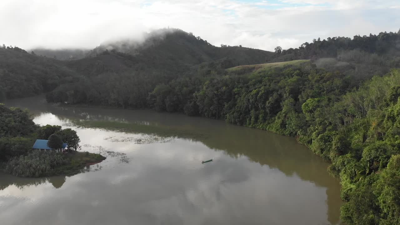 Drone, Longboat, Sampan Fishing By The River Among The Mountains In The ...