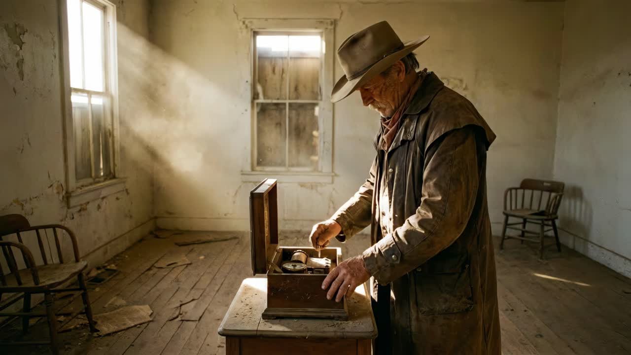 A cowboy listening to a vintage phonograph in an old western room ...