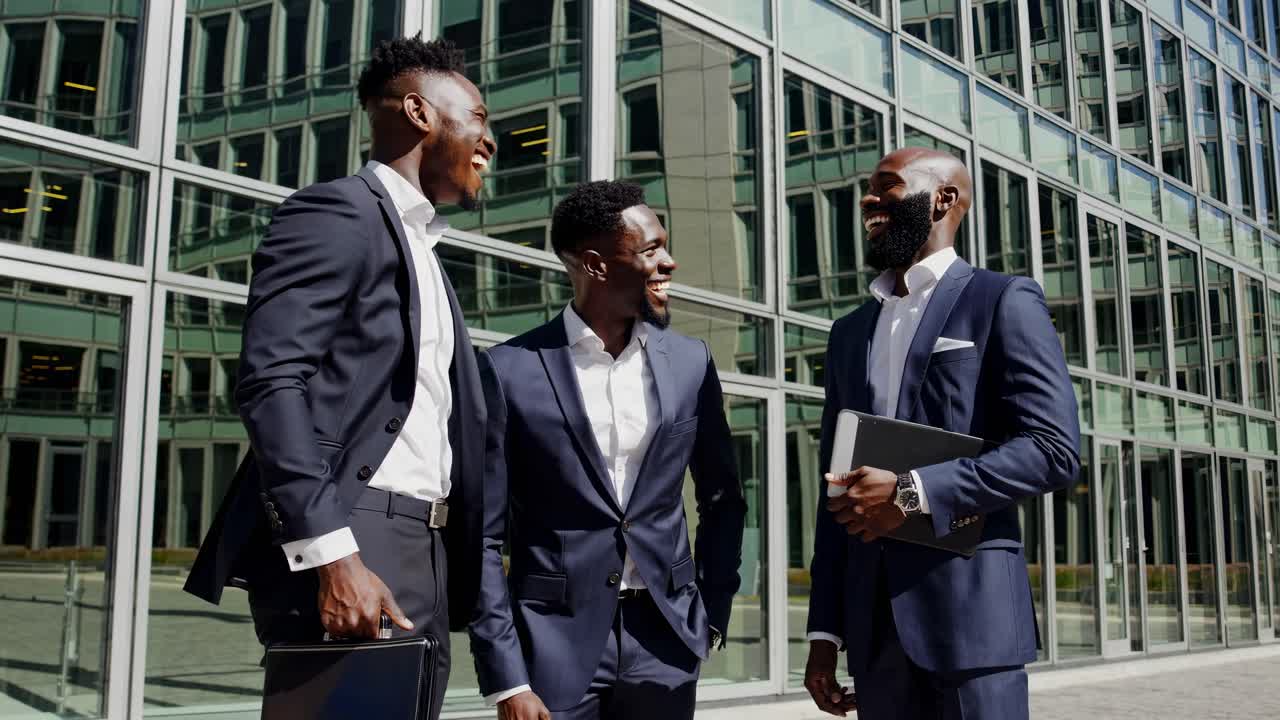 Three businessmen in suits stand outside a modern glass building ...