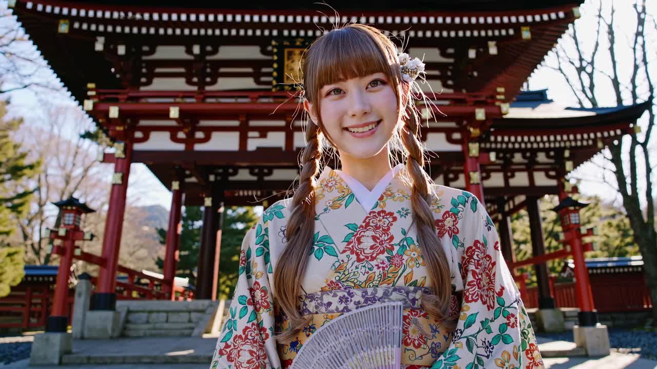 A woman in traditional attire smiles at the camera in a low-angle shot ...