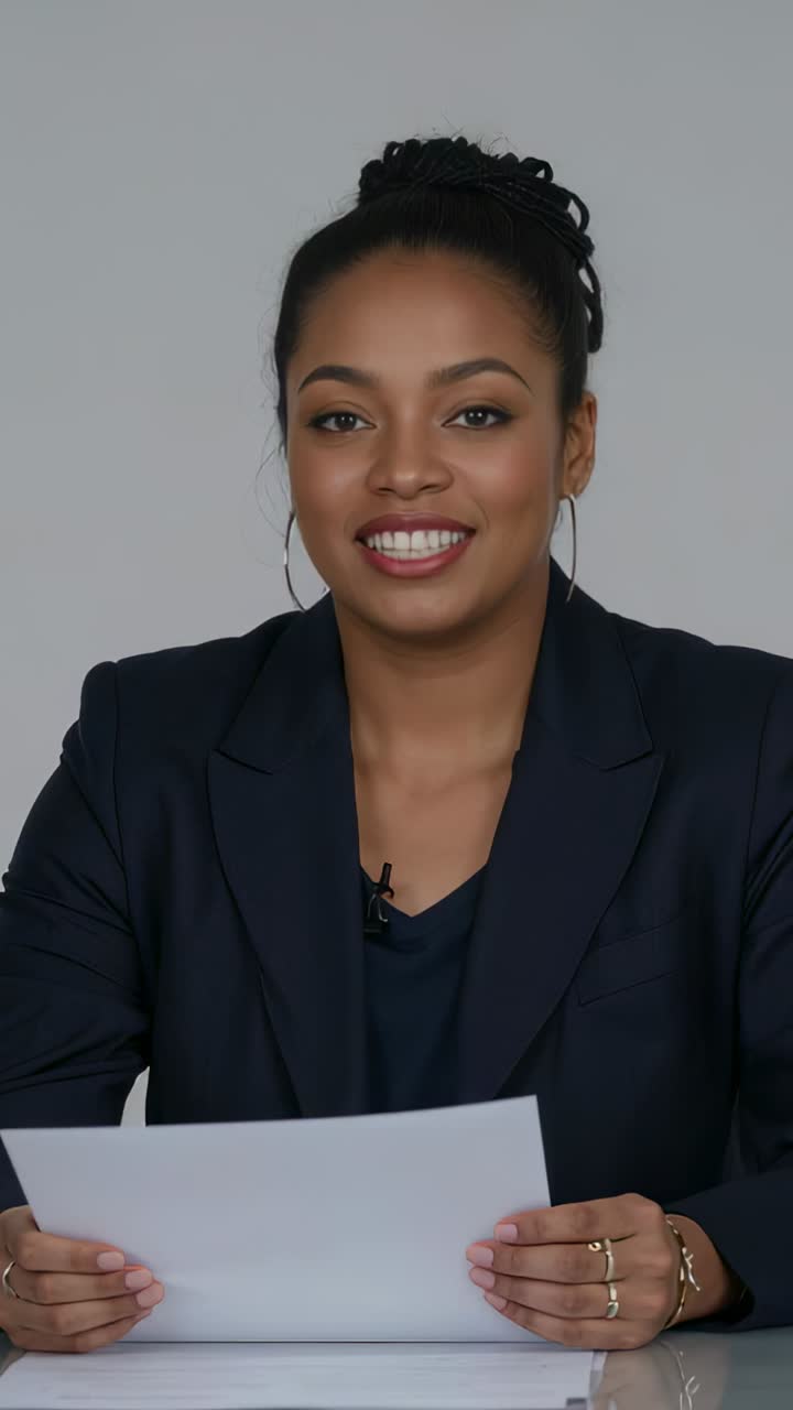 Vertical video: Smiling on cue host in blazer lowering gaze, reading ...