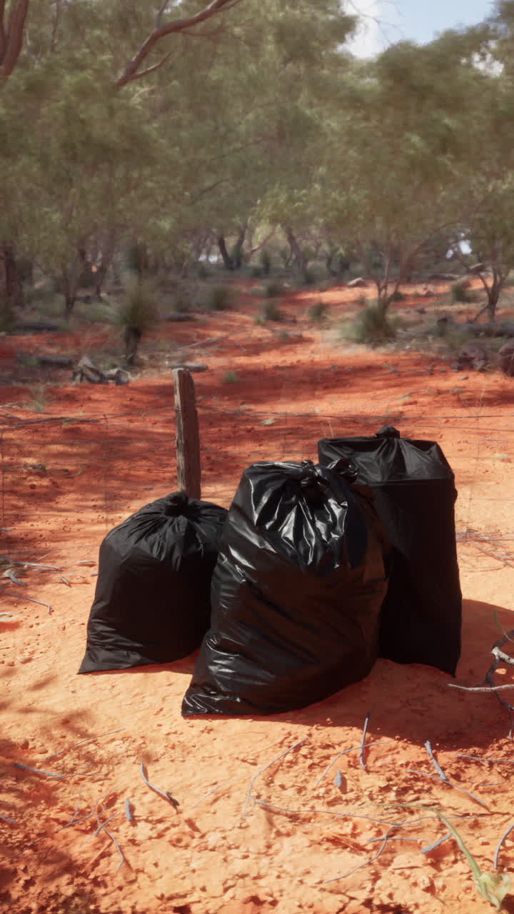 Premium stock video - Three garbage bags sitting in the australian outback