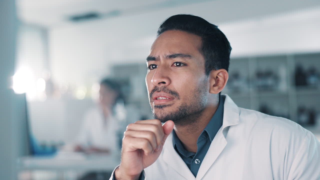 Computer, man or scientist thinking in laboratory Premium Stock Video ...