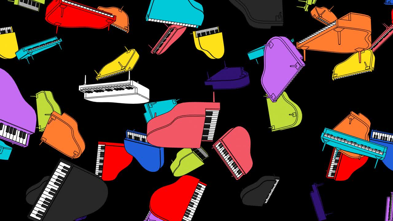 Many colorful pianos on black background. | Premium Stock Video Footage