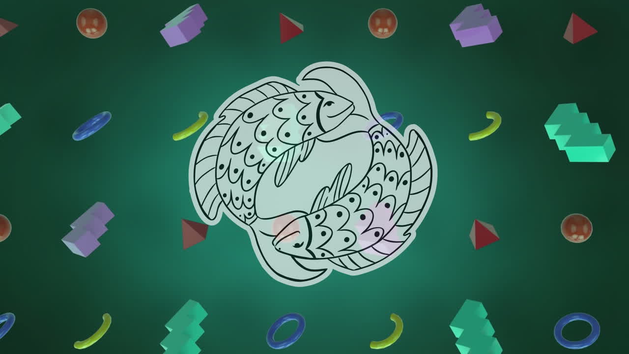 Animation of pisces symbol over green space with diverse shapes ...