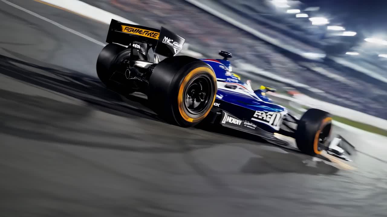 Two formula racing cars competing on a speedway at night, one of the ...