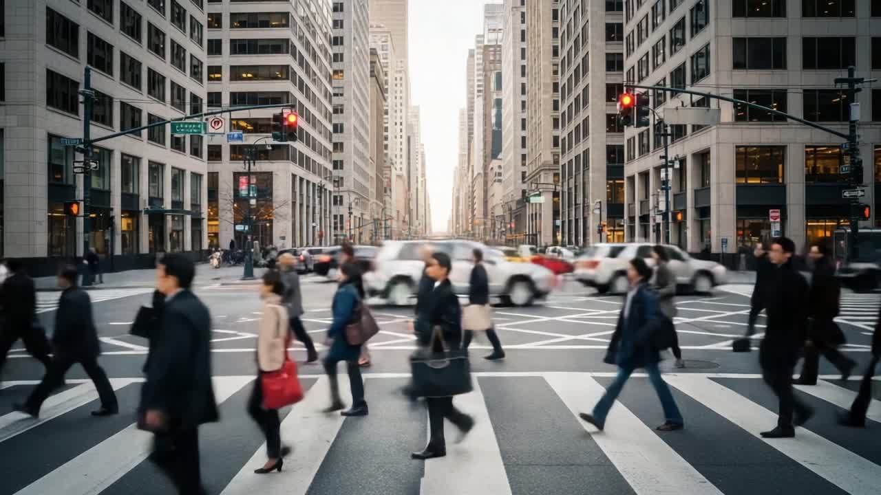A Busy Urban Intersection: People Crossing Streets Amidst City Traffic ...