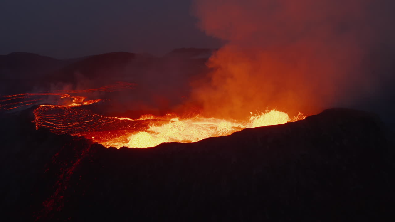 High Angle View Of Active Volcano. Amazing View Of Magma Splashing Into ...