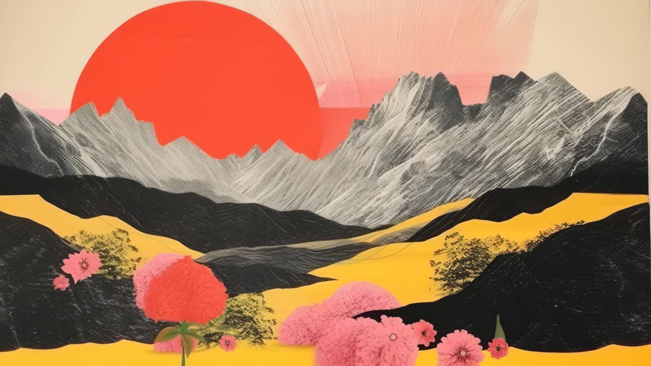 Surreal landscape with bold colors and abstract mountains. Low-angle ...