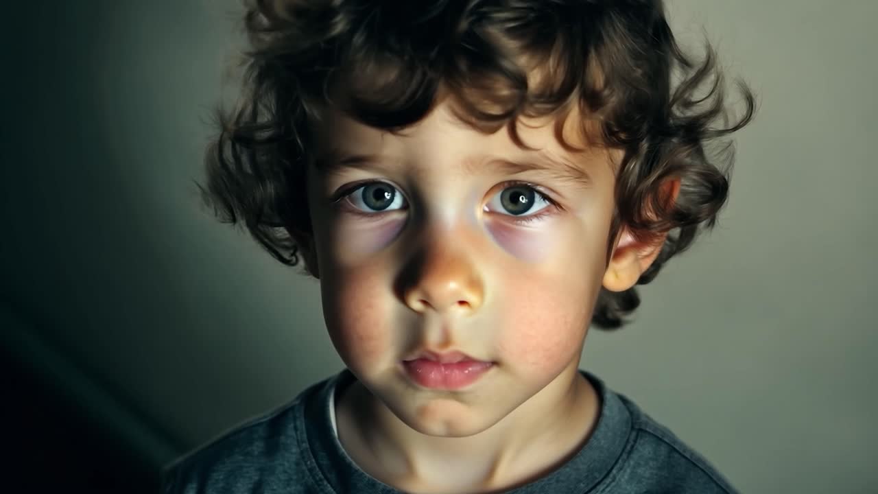 Young boy with curly hair poses for the camera, showcasing a bruise on ...
