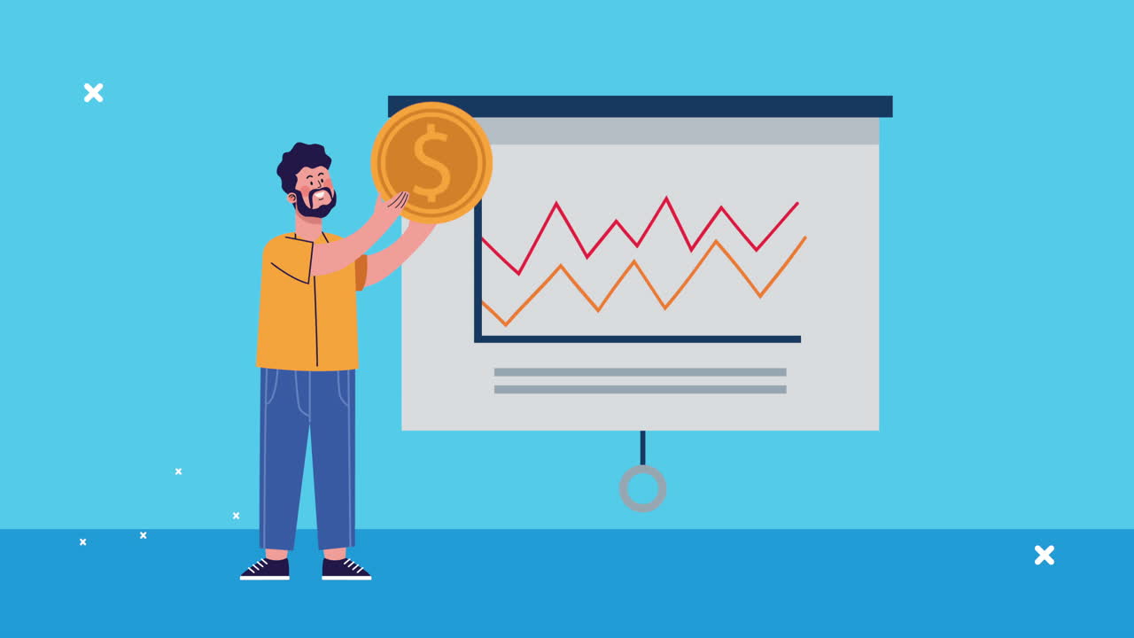 Businessman lifting coin dollar and statistics in paperboard animated ...