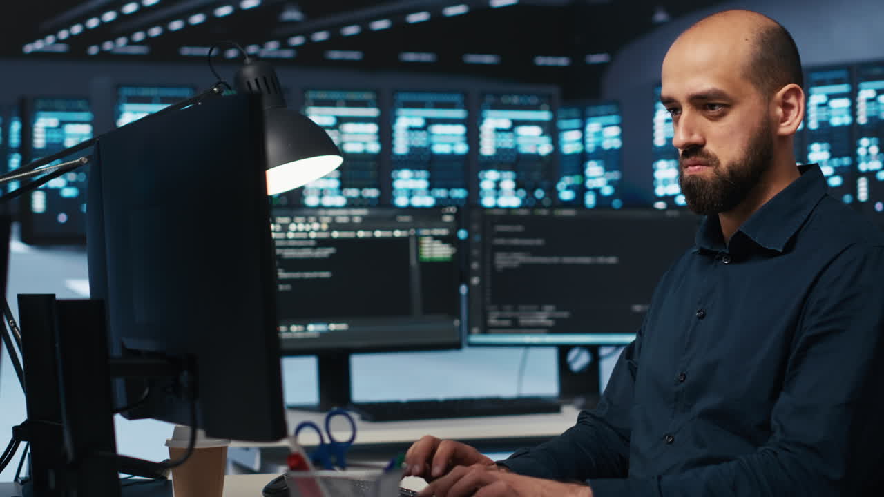 Premium stock video - System administrator working in computer network security data center