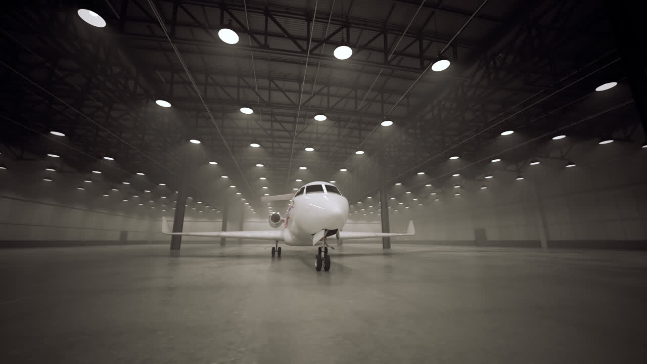 Timelapse Of A Private Jet In The Loft Warehouse. Shiny, White Civil ...