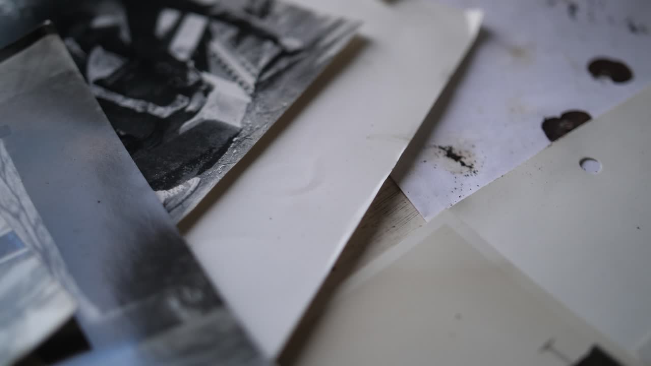 A close up macro shot of old, black and white portrait photographs of ...