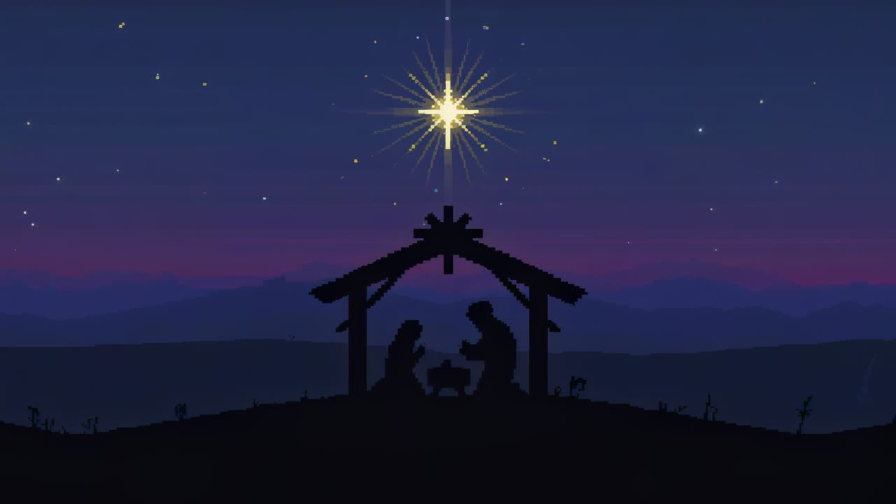 Kneeling robed veiled figures holding vigil beside baby in manger in ...