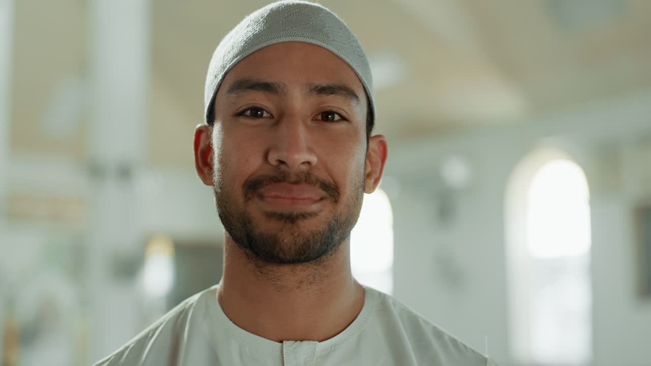 Premium stock video - Face, smile and muslim man in mosque on lens flare