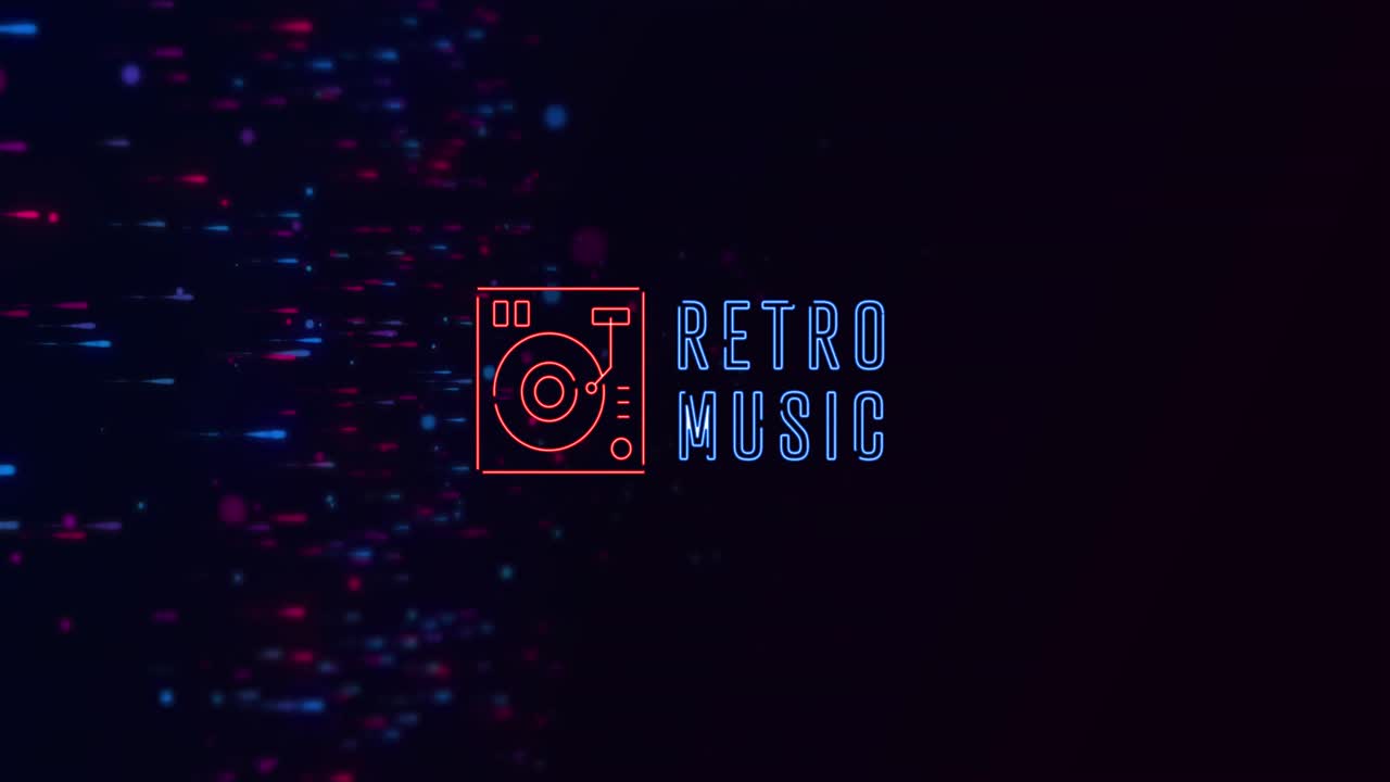 Animation of retro music text banner over glowing blue and pink ...