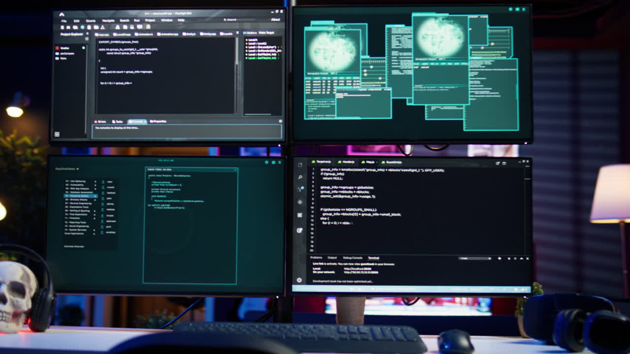 Premium stock video - Hacking malware programming script on monitors in underground base