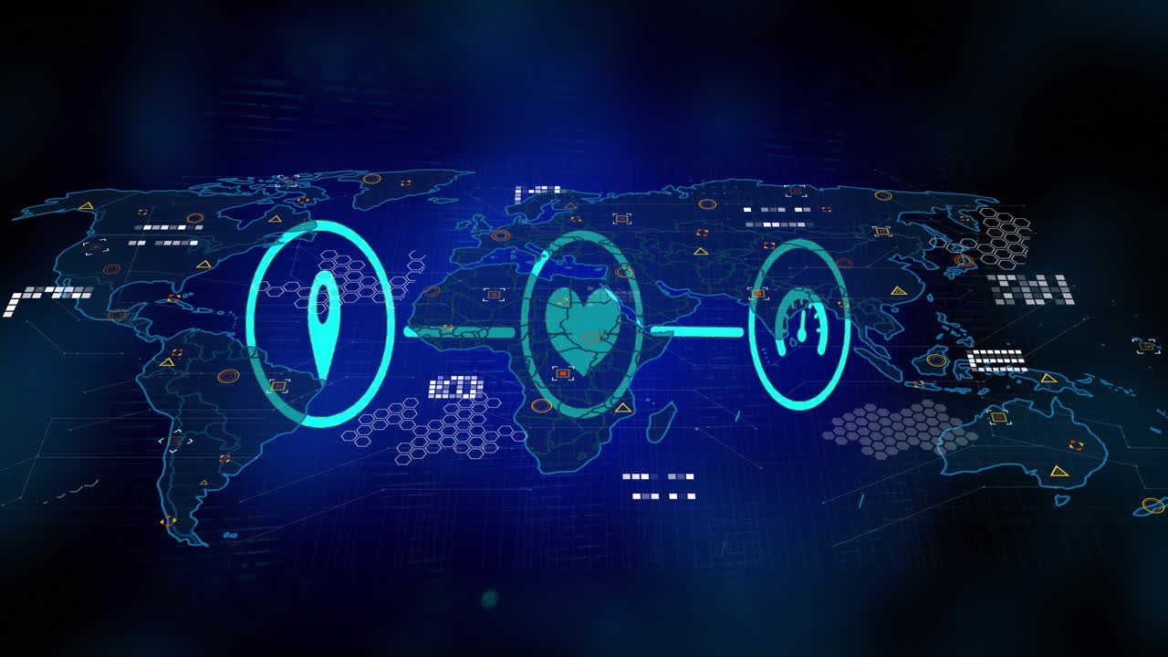 Animation of data processing and world map with icons over dark ...
