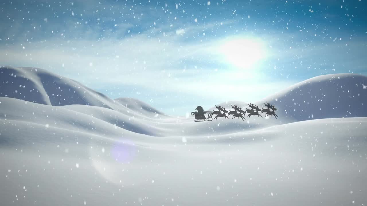 Snow Falling Over Santa Claus In Sleigh Being Pulled By Reindeers ...