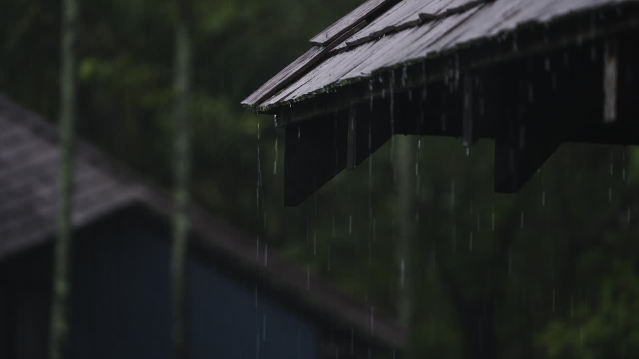 Premium stock video - Close-up of heavy rain pouring on a rooftop in ...