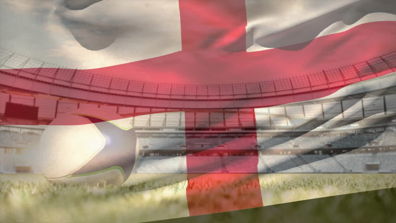 Animation of waving flag of england over stadium with rugby ball ...