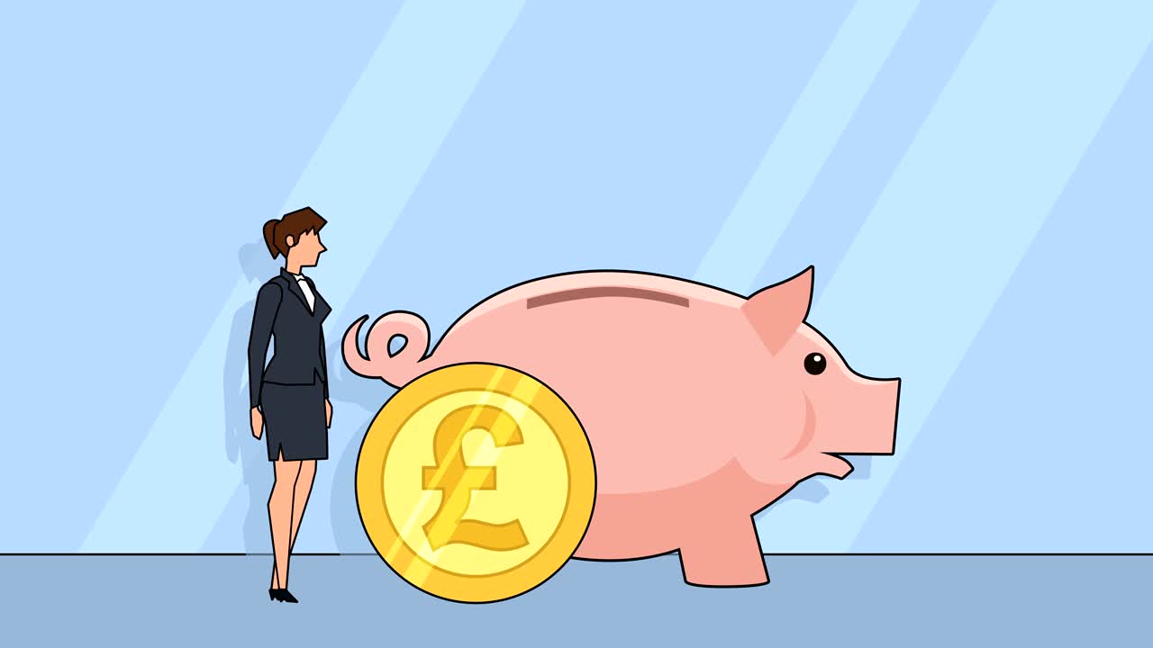 Flat cartoon businesswoman character roll pushes coin to the piggy bank ...