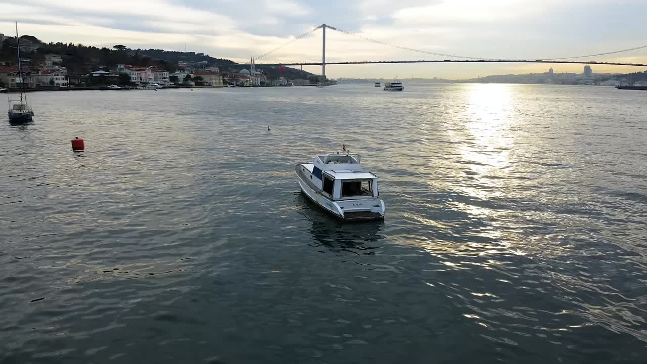 Gorgeous Aerial Circling A Boat Bobbing On The Bosphorus In Istanbul ...