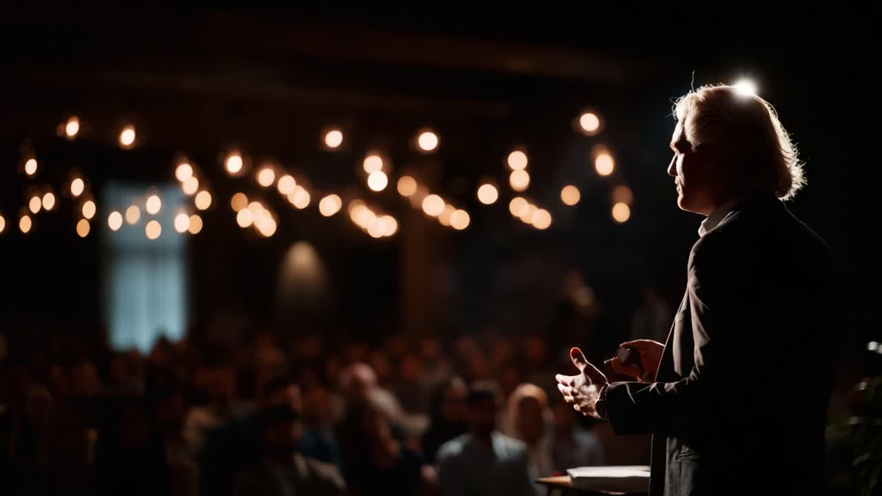 An Engaging Speaker Illuminated by Lights Captivates the Audience with ...